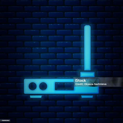 빛나는 네온 라우터와 와이파이 신호 기호 아이콘 벽돌 벽 배경에 격리 무선 이더넷 모뎀 라우터 컴퓨터 기술 인터넷 벡터