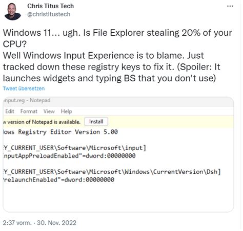 Windows 11 Input Experience Consumes 20 Cpu Power In File Explorer