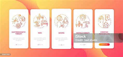 개념이 있는 모바일 앱 페이지 화면을 타고 있는 외부 에너지 의학 레이키 기공 신앙 치유 연습 5단계 그래픽 지침 Rgb 색상 그림이 있는 Ui 벡터 템플릿 기치료에 대한