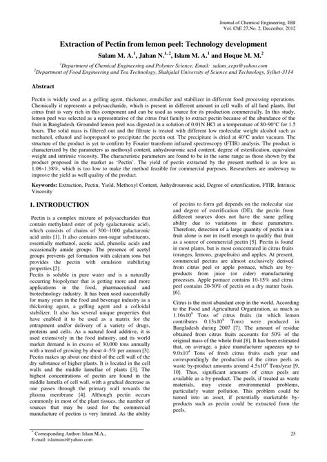 Pdf Extraction Of Pectin From Lemon Peel Technology Development