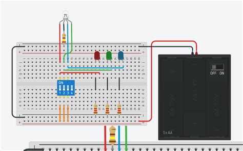 Circuit Design Exercício 1b Led Rgb Com Interruptor Dip E 3 Leds Tinkercad
