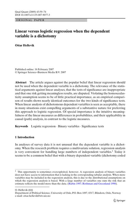 Pdf Linear Versus Logistic Regression When The Dependent Variable Is