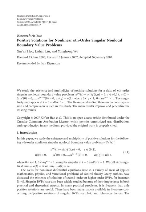 PDF Positive Solutions For Nonlinear Nth Order Singular Nonlocal Boundary Value Problems