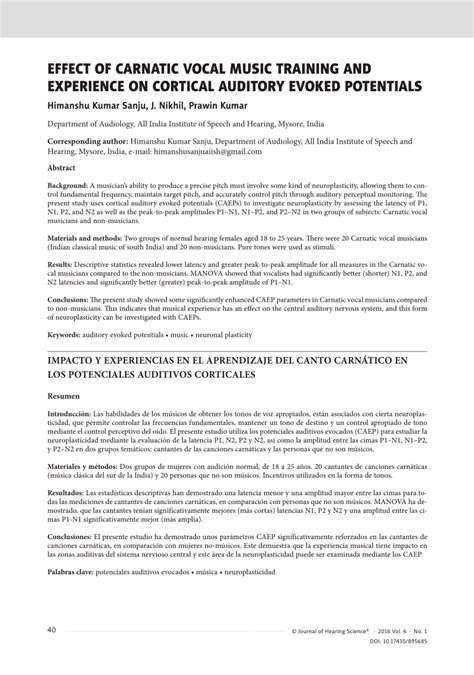 Pdf Effect Of Carnatic Vocal Music Training And Experience On Cortical Auditory Evoked Potential