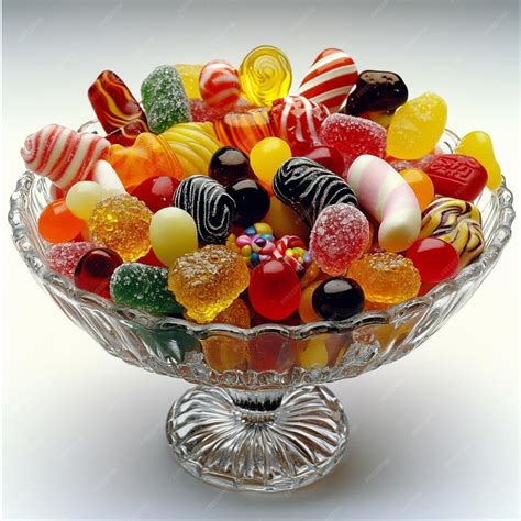 A Decorative Candy Dish Filled With Various Shapes And Sizes Of Hard