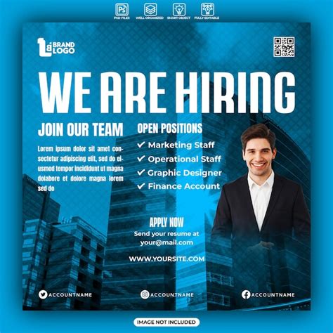 우리는 포스터 또는 소셜 미디어 게시물 템플릿을 고용하고 있습니다 프리미엄 Psd 파일