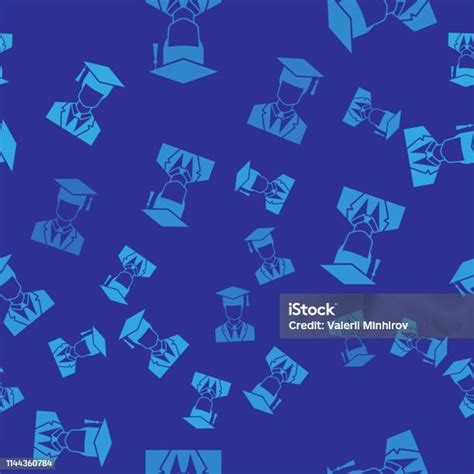 파란 배경에 드레스와 졸업 모자 아이콘 고립 된 완벽 한 패턴을 가진 블루 남성 대학원 학생 프로필 벡터 일러스트 개념에 대한