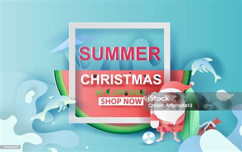 여름 크리스마스 판매 배너 수박스페셜 제공 창조적 인 종이 컷 및 카드와 포스터 공예 돌고래 개념과 해변 정장 여행 수영 장식을 입고 산타 클로스 미소 벡터 가격에 대한