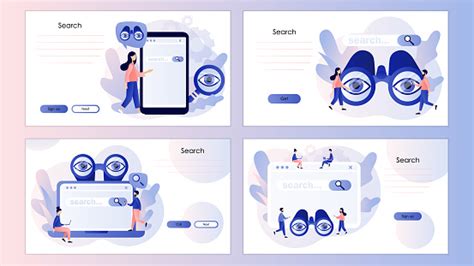 검색 온라인 정보를 탐색하고 쌍안경과 돋보기로 인터넷을 서핑하는 사람들 서재응 방문 페이지 템플릿 Ui 웹 모바일 앱 포스터