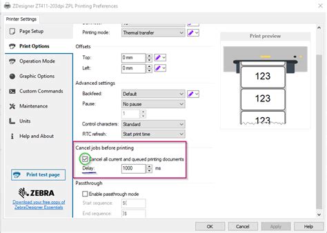 드라이버 옵션 설명 인쇄 전 작업 취소