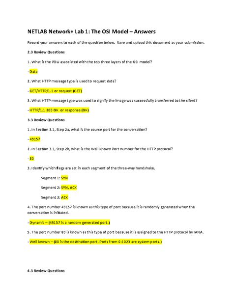 Network Lab 1 Answer Sheet Netlab Network Lab 1 The Osi Model Answers Record Your Answers