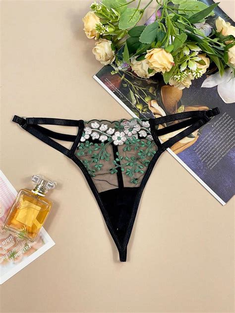 Womens Floral Embroidery Mesh Thong Panties Shein Usa