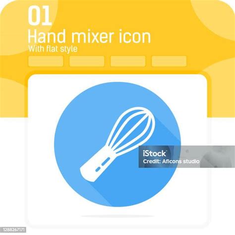 파란색 배경에 격리 된 긴 그림자와 벡터 플랫 코롤라 아이콘 벡터 일러스트 핸드 믹서 기호 기호 기호 아이콘 개념 요리 Ui Ux 웹 사이트 주방 세트 또는 모바일 응용