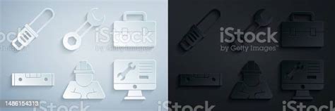 빌더 도구 상자 건설 버블 레벨 컴퓨터 모니터 서비스 렌치 스패너 및 전기톱 아이콘을 설정합니다 벡터 0명에 대한 스톡 벡터 아트 및 기타 이미지 Istock