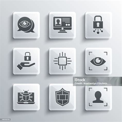 벽돌 벽 얼굴 인식 눈 스캔 프로세서 미세 회로 Cpu 시스템 버그 모니터 손에 잠금 및 사이버 보안 아이콘으로 방패를