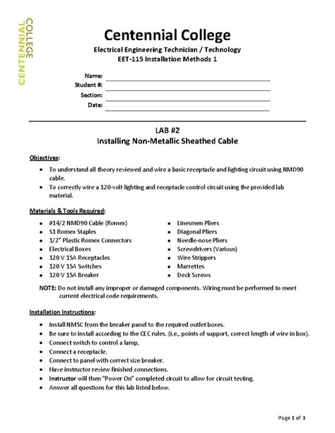 Eet 115 Lab 2 Non Metallic Sheathed Cable Page 1 Of 3 Centennial
