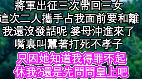 將軍出征三次帶回三女這次二人攜手占我面前要和離我還沒發話呢 婆母沖進來了嘴裏叫囂著打死不孝子只因她知道我得罪不起休我 還是先問問皇上
