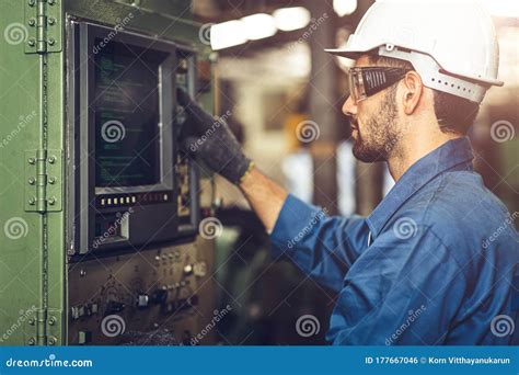 Worker Operate CNC Machine With G Code Monitor High Skill Labor Work Industry With Safety