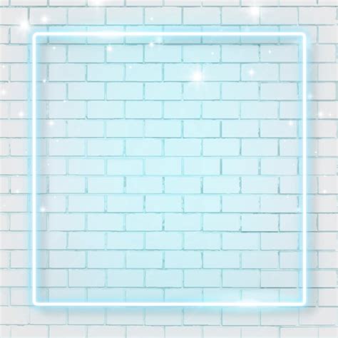 벽돌 벽 배경에 사각형 파란색 네온 프레임 무료 벡터