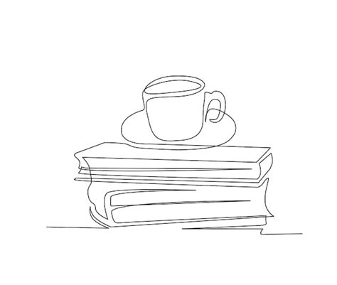 책의 연속 라인 아트 드로잉과 Cofee 한 잔 책 위에 커피 한 잔 단일 라인 아트 드로잉 벡터 일러스트 레이 션 프리미엄 벡터