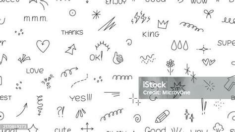 긍정적 인 단어 완벽 한 패턴 와우 사랑 왕 귀여움 좋은 글자 낙서 작은 표현 요소 느낌표 화살표 하트 벡터 배경 곡선에 대한 스톡 벡터 아트 및 기타 이미지 Istock
