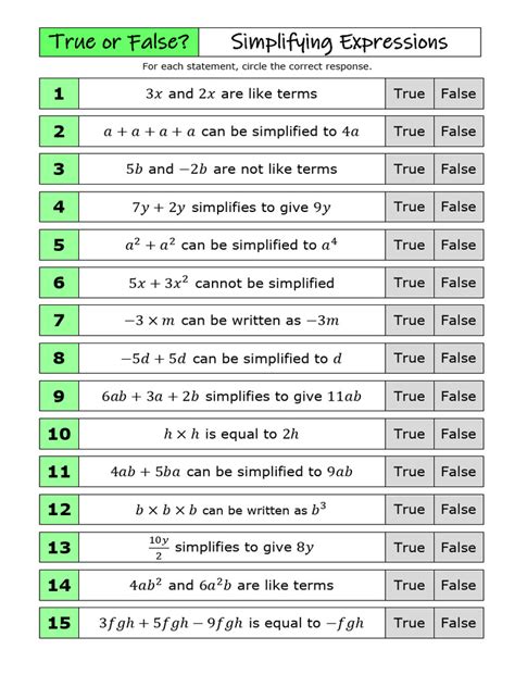 Simplifying Expressions True Or False Pdf