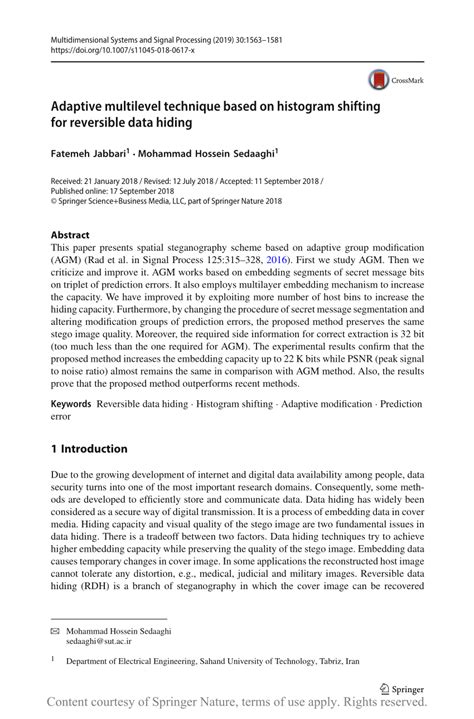Adaptive Multilevel Technique Based On Histogram Shifting For Reversible Data Hiding Request Pdf