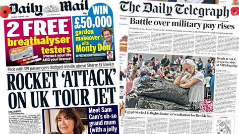 Newspaper Headlines Missile Dodge And Egypt Retaliation Bbc News