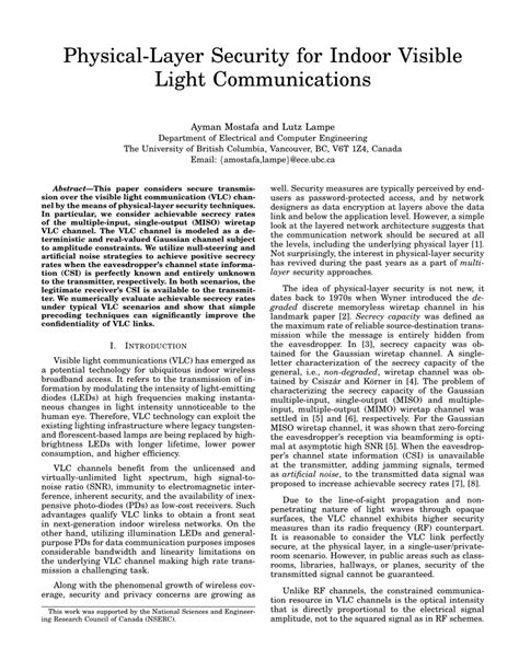 Pdf Physical Layer Security For Indoor Visible Light Communications