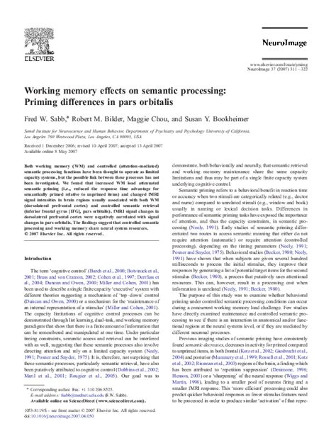 Pdf Working Memory Effects On Semantic Processing Priming Differences In Pars Orbitalis