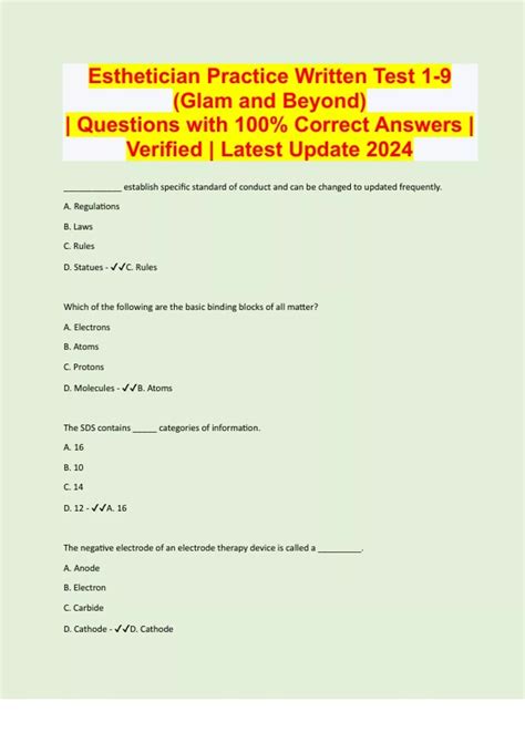 Esthetician Practice Written Test 1 9 Glam And Beyond Questions With 100 Correct Answers