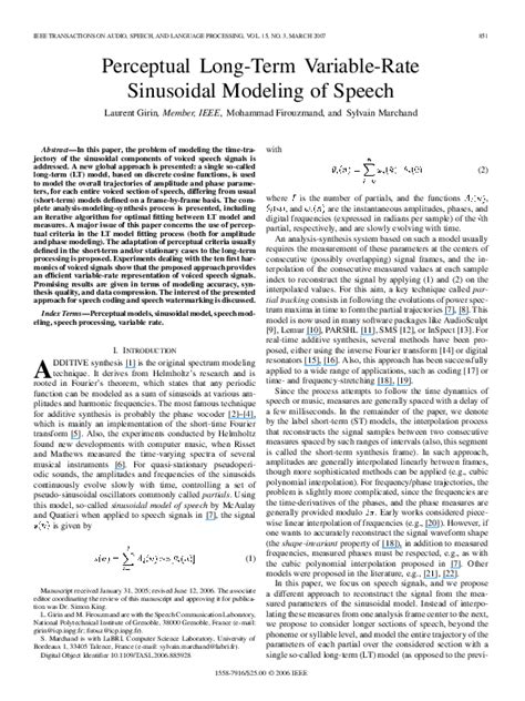 Pdf Perceptual Long Term Variable Rate Sinusoidal Modeling Of Speech