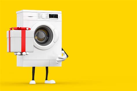 레드 리본 선물 상자와 현대 흰색 세탁기 캐릭터 마스코트 3d 렌더링 가사 집안일에 대한 스톡 사진 및 기타 이미지 가사 집안일 가정 생활 기계류 Istock