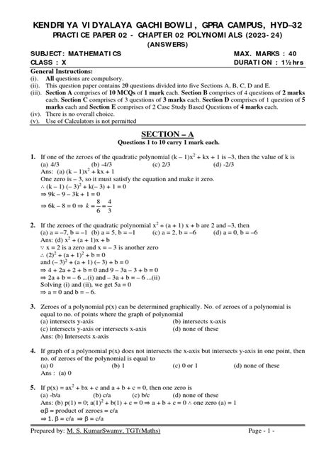 Maths Class X Chapter 02 Polynomials Practice Paper 02 Answers 1 Pdf Zero Of A Function