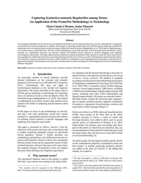 Pdf Capturing Syntactico Semantic Regularities Among Terms An Application Of The Framenet