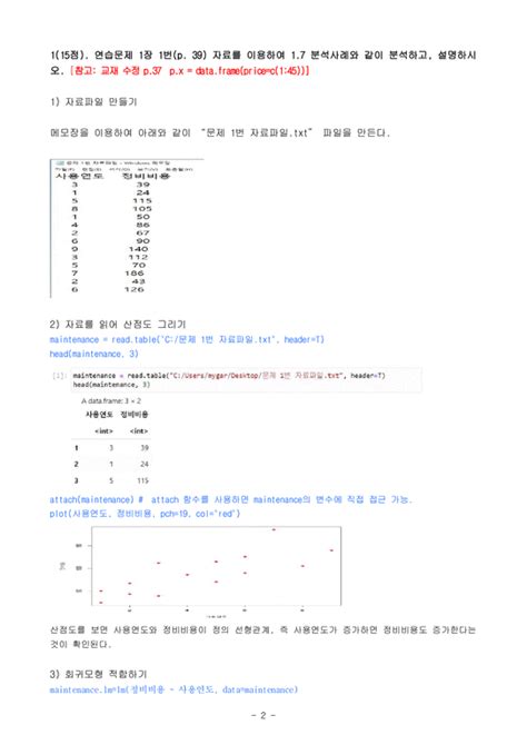 2023년 1학기 방송통신대 회귀모형 출석수업대체과제물연습문제 1장 1번p 39 자료를 이용하여 17 분석사례와 같이 분석하고 설명 연습문제 2장 3번p 87