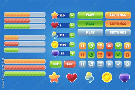 Set Of Icons And Buttons For Casual Game Or App Interface Mobile Game Ui Design Vector Gui