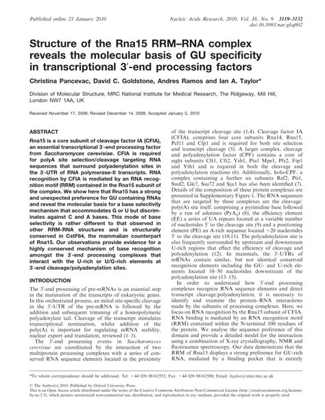 Pdf Structure Of The Rna15 Rrmrna Complex Reveals The Molecular Basis Of Gu Specificity In