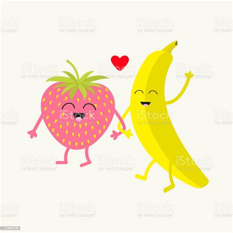 바나나와 딸기 행복 한 과일 세트입니다 웃는 얼굴 눈으로 웃는 캐릭터 만화 영원히 친구입니다 레드 심장입니다 격리 평면 디자인입니다 개념에 대한 스톡 벡터 아트 및 기타