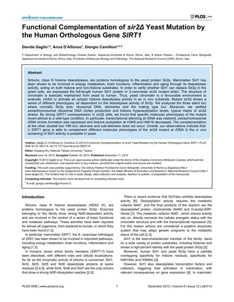 Pdf Functional Complementation Of Sir2Δ Yeast Mutation By The Human Orthologous Gene Sirt1