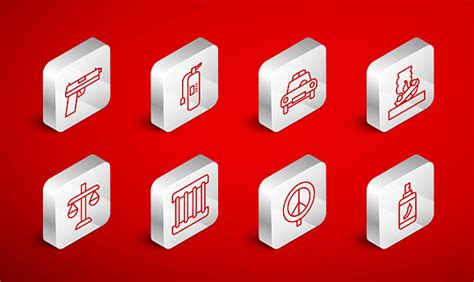 세트 라인 후추 스프레이 소화기 경찰차 및 점멸 장치 굽기 평화 권총 또는 총 감옥 창 및 정의의 저울 아이콘 벡터 3차원 형태에 대한 스톡 벡터 아트 및 기타 이미지