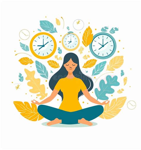 Illustration Of A Woman Meditating Surrounded By Clocks And Leaves