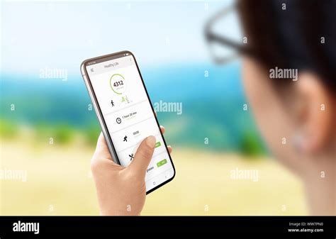 Girl Uses The App On Mobile Phone To Measure Step Length And Calories Burned Modern Flat Design
