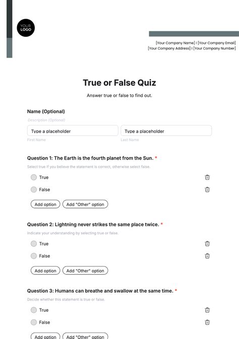 Free True Or False Quiz Template To Edit Online