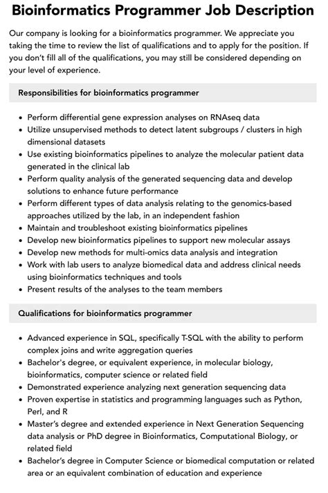 Bioinformatics Programmer Job Description Velvet Jobs