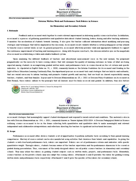 Rubrics Division Written Work And Performance Task Rubrics In Science Download Free Pdf