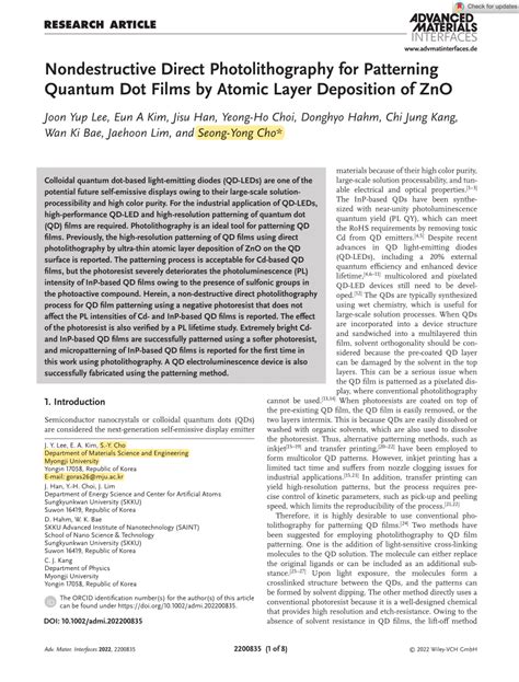 Pdf Nondestructive Direct Photolithography For Patterning Quantum Dot Films By Atomic Layer