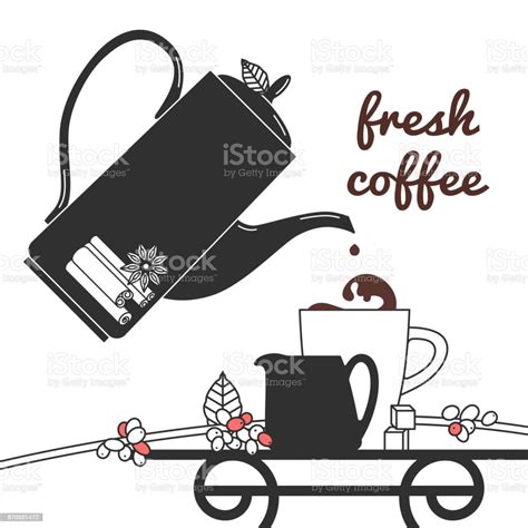 커피 테이블에 과일 나무의 분기와 커피 한잔 커피 포트 계 피 아니 스입니다 벡터 일러스트입니다 0명에 대한 스톡 벡터 아트 및