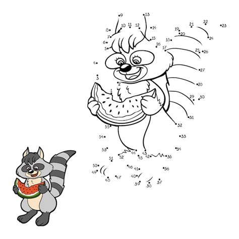 어린이 너구리를 위한 숫자 점 대 점 게임 프리미엄 벡터