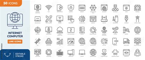 Internet Computer Line Editable Icon Set Containing Online Computer Network Website Server